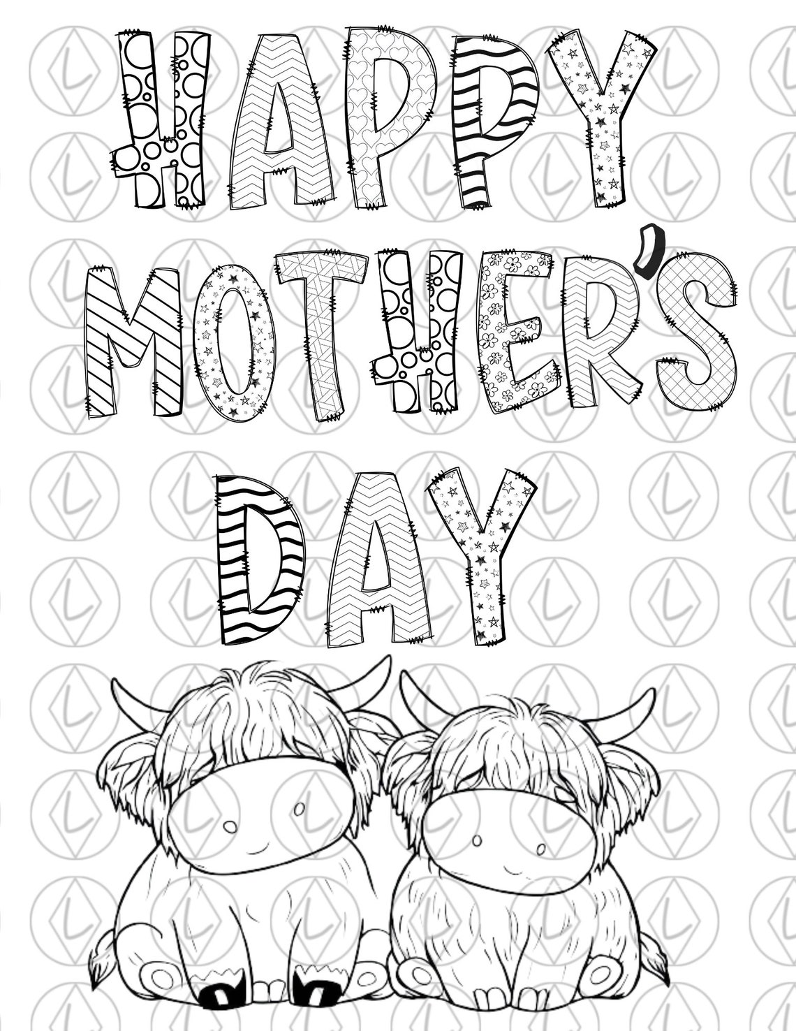 Happy Mothers Day Coloring Highland Cow Coloring PNG Instant Download ...