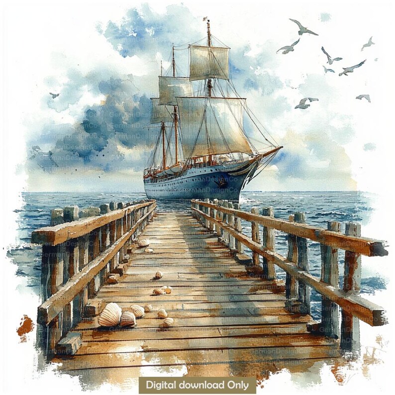 Nautical Watercolor Clipart: Ships & Decks (JPG Digital Download ...