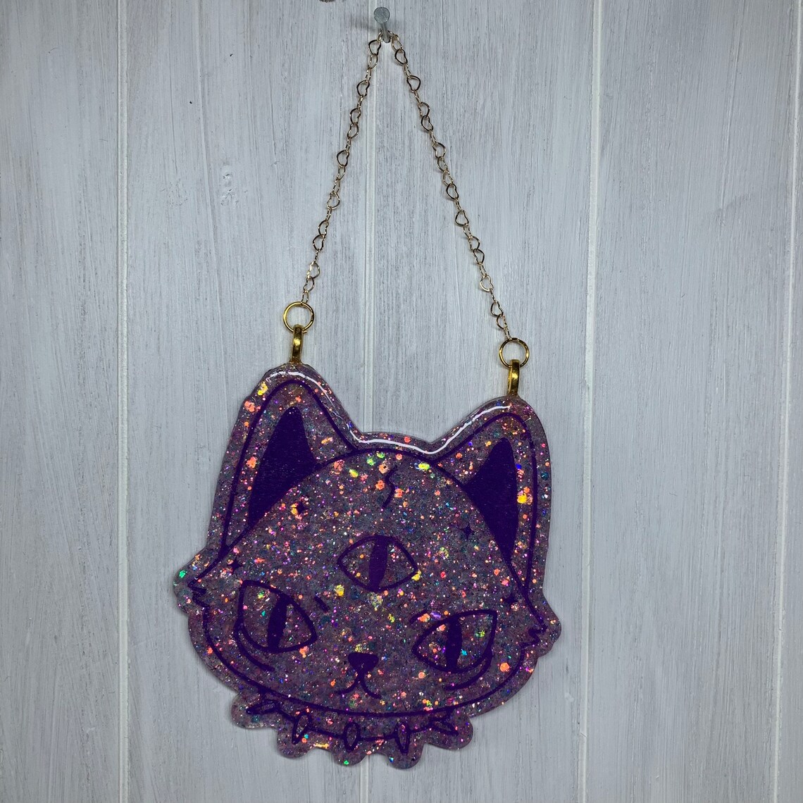 Demon Cat Purple Resin Glitter Chained Hanging Sign Small 3.5'' - Etsy