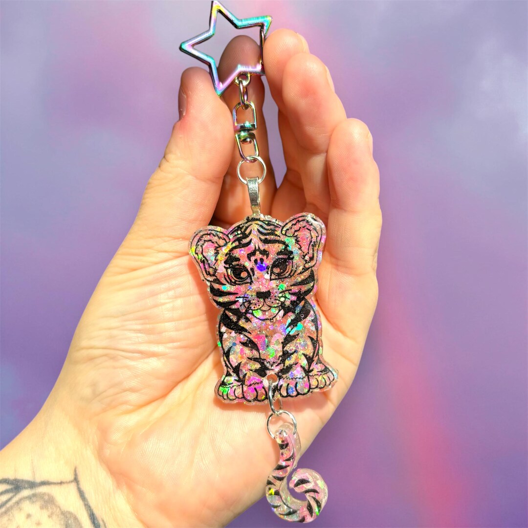 Lisa Frank Inspired Tiger Pastel Kawaii Glitter Hanging Tail Keychain ...