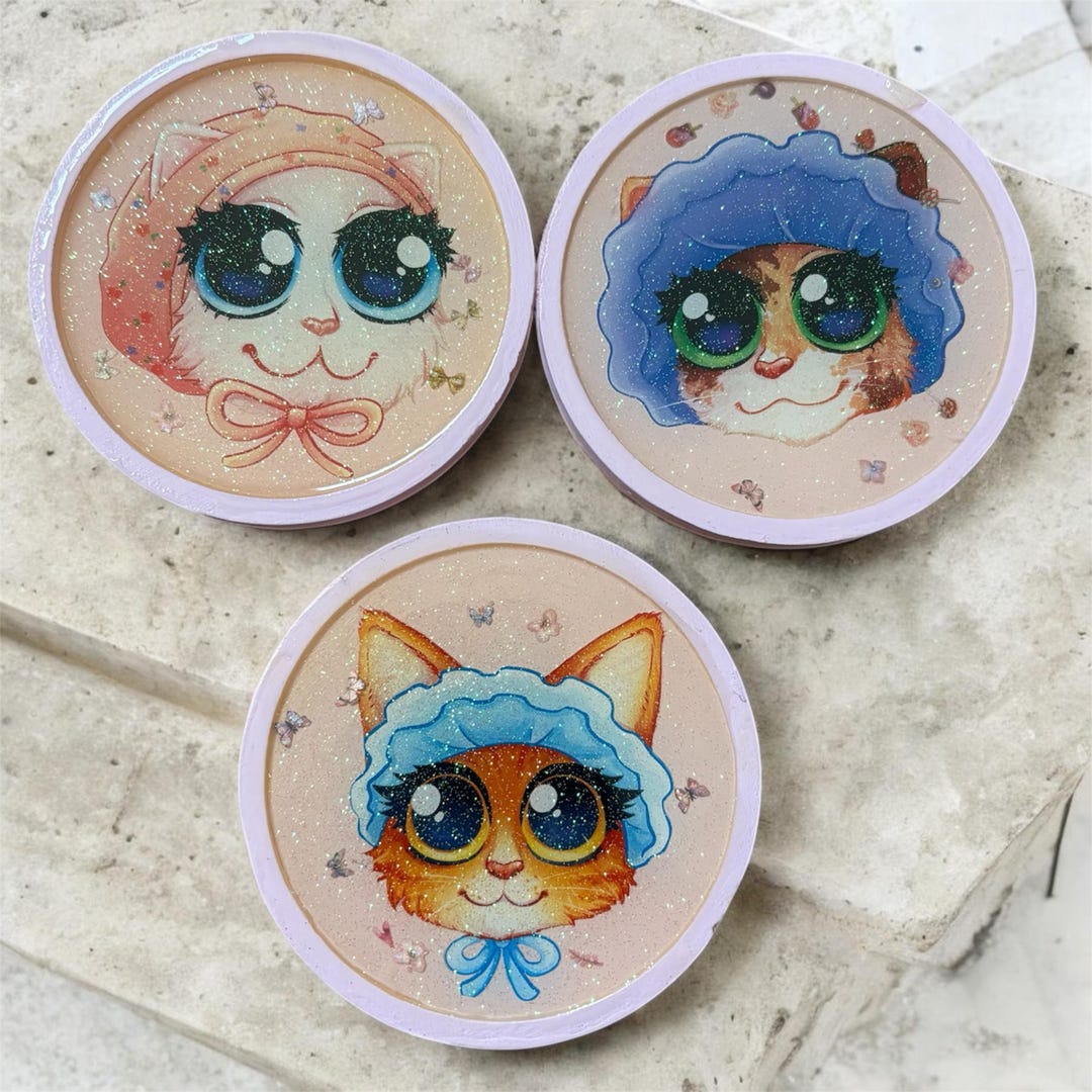 Cute Cat Head Bonnets Resin Coaster Set - Etsy