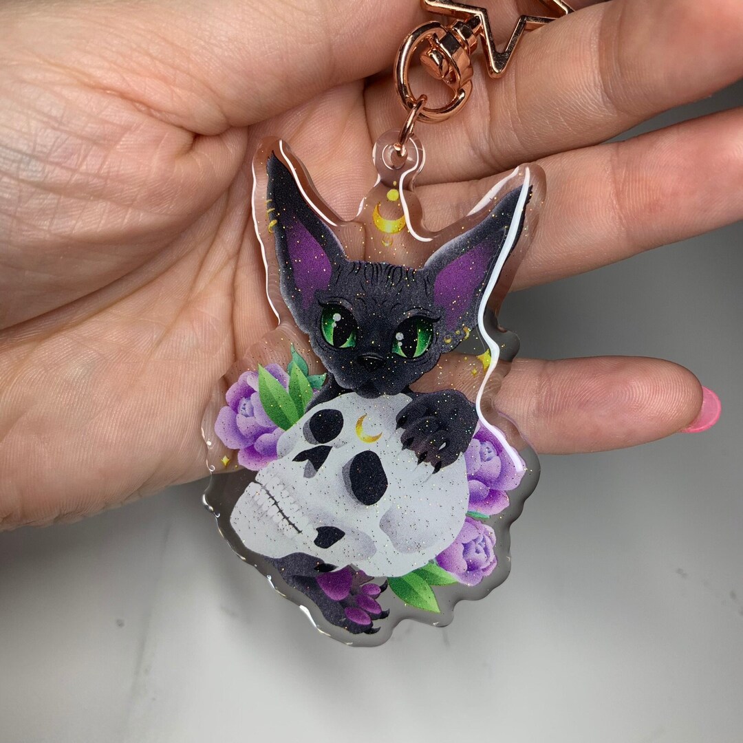Gothic Dark Sphynx Cat Skull Glitter Acrylic Keychain - Etsy