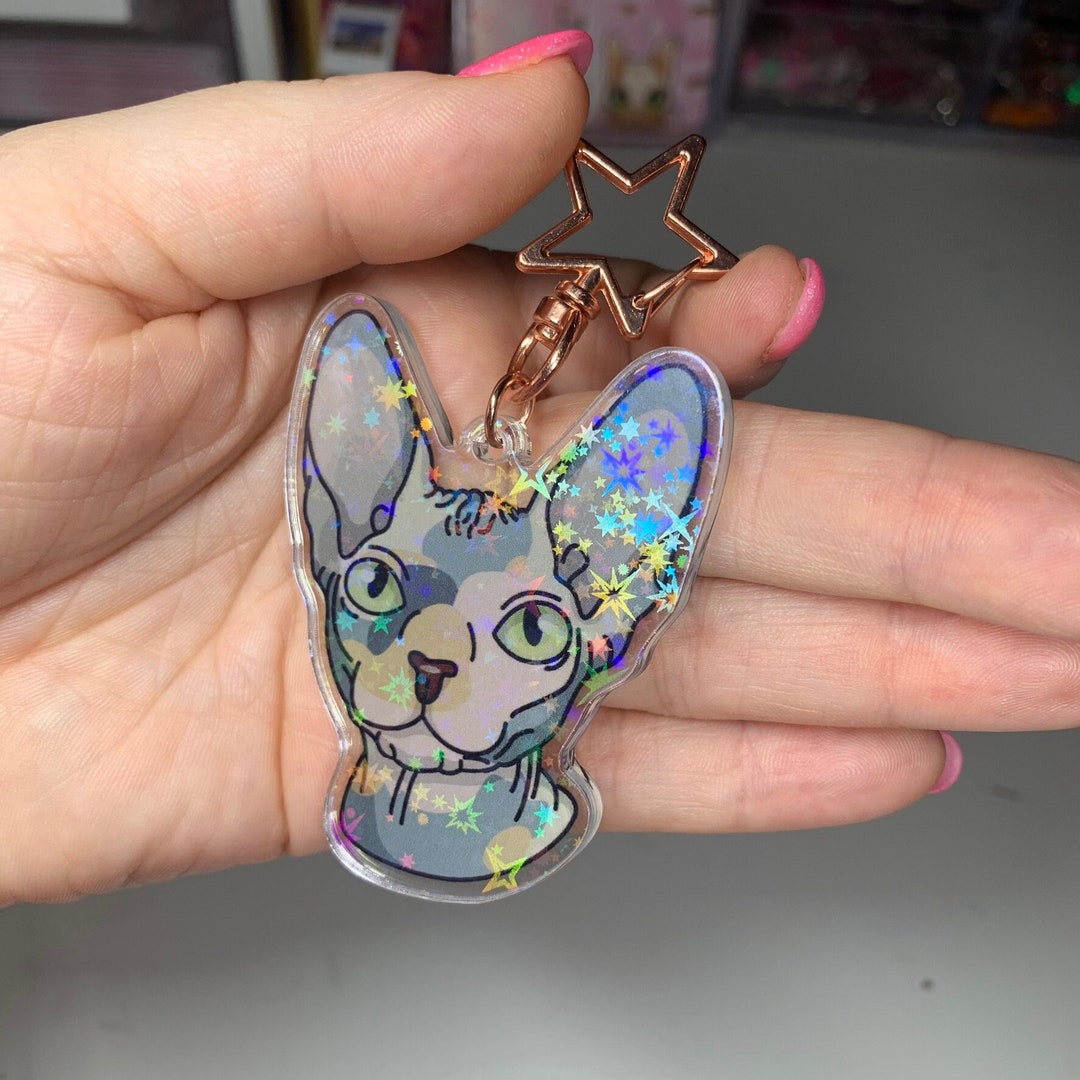 Calico Sphynx Cat Holographic Acrylic Keychain - Etsy
