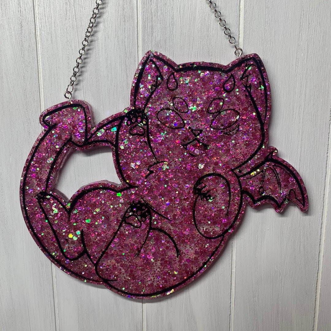 Demon Kitty Cat Resin Pink Glitter Chained Hanging Sign - Etsy