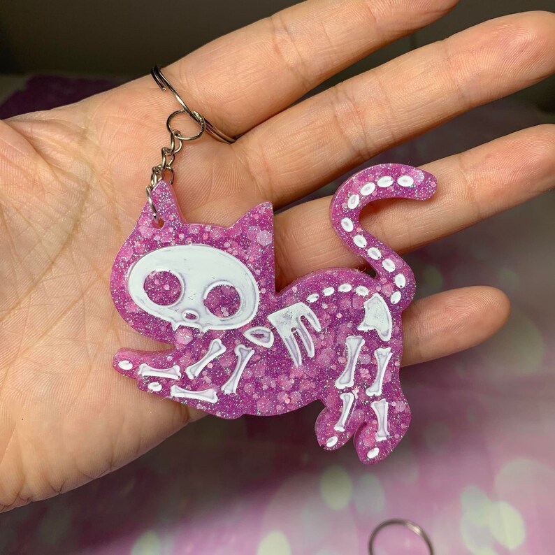 Skeleton Cat Purple Resin Keychain - Etsy