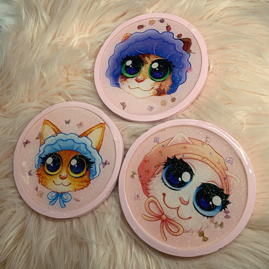 Cute Cat Head Bonnets Resin Coaster Set - Etsy