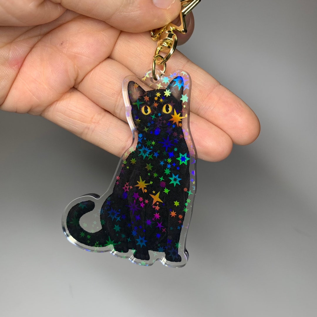 Black Cat Holographic Acrylic Keychain - Etsy