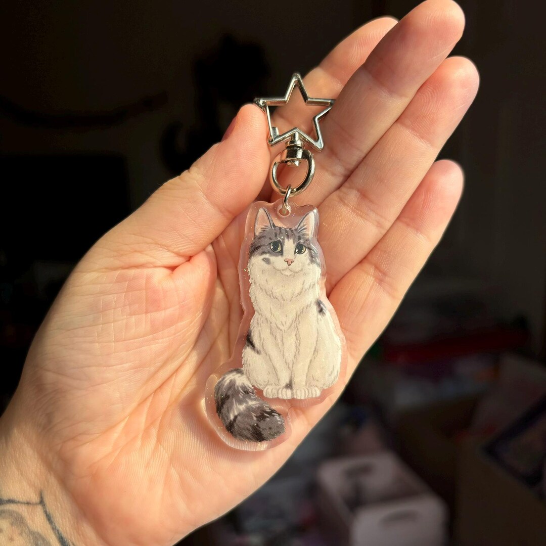 Longhaired White and Gray Cat Glitter Acrylic Keychain - Etsy