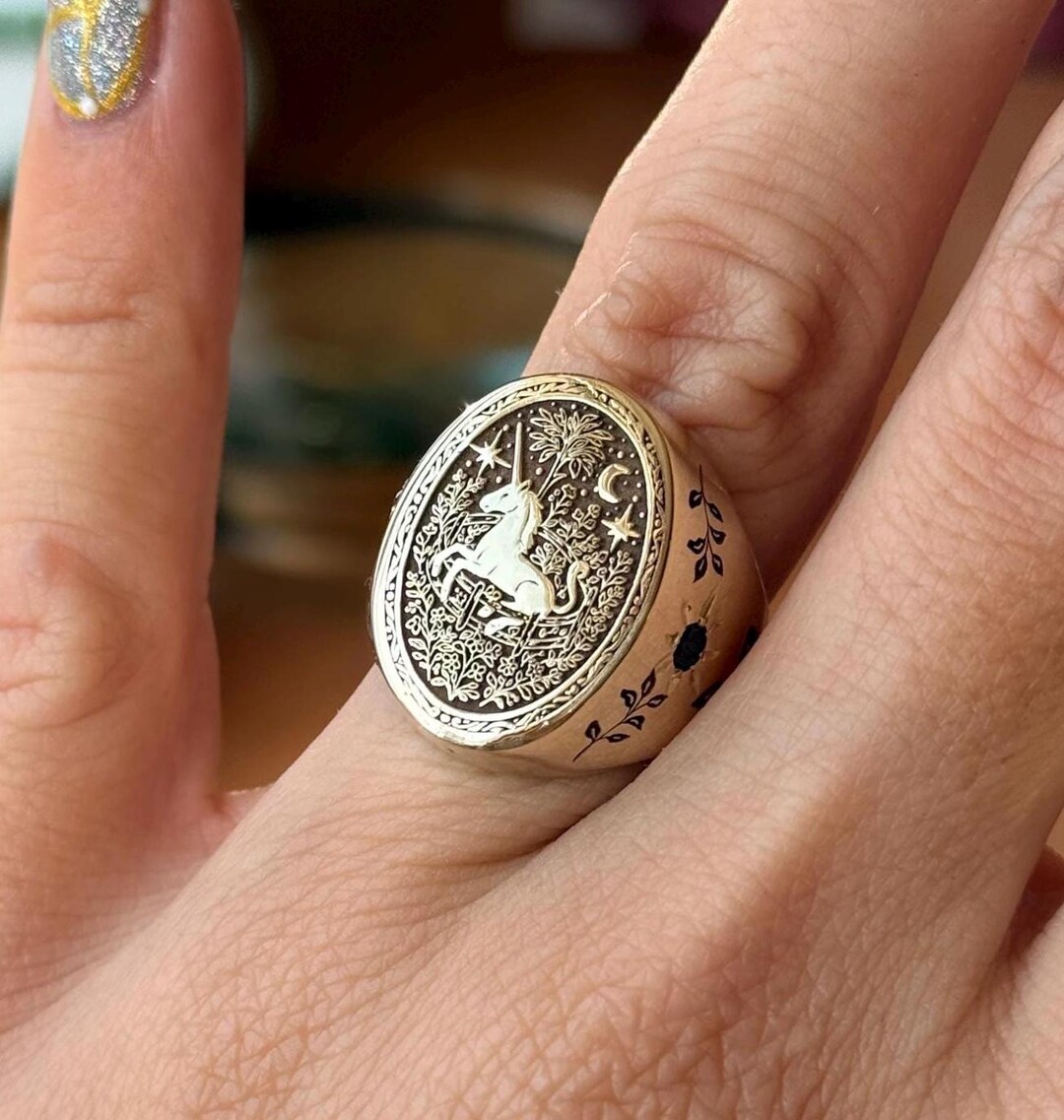 Engraved Unicorn Sterling Silver Ring – Sapphire Accents, Mythical ...
