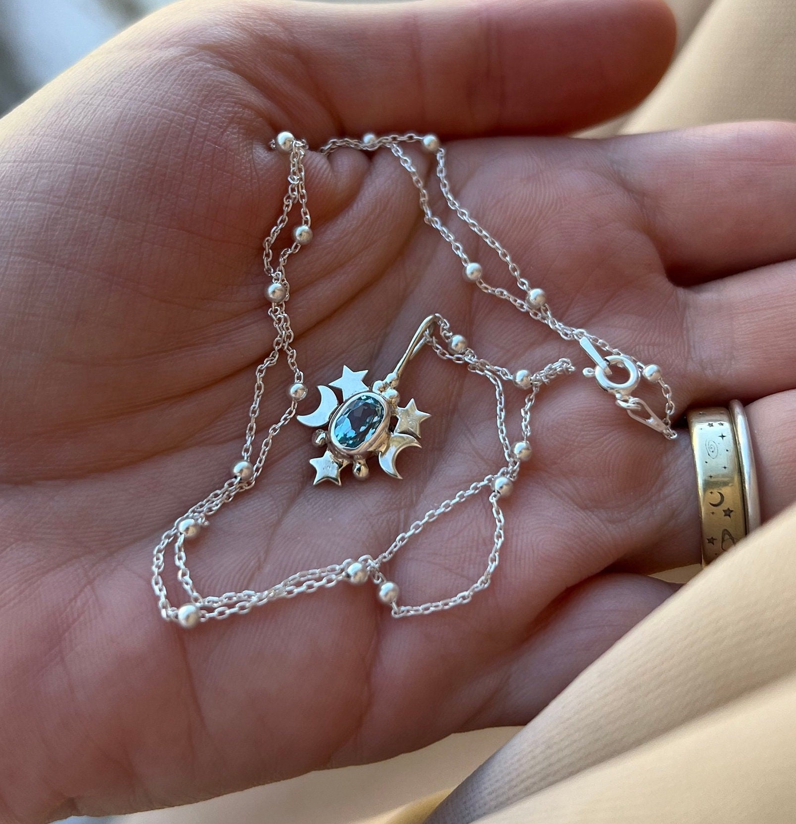 Oval Faceted Blue Topaz Celestial Stars 925 Sterling Silver Necklace - Etsy