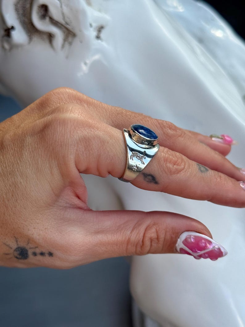 Kyanite Stone Rabbit and Starburst Engraved 925 Silver Ring - Etsy UK