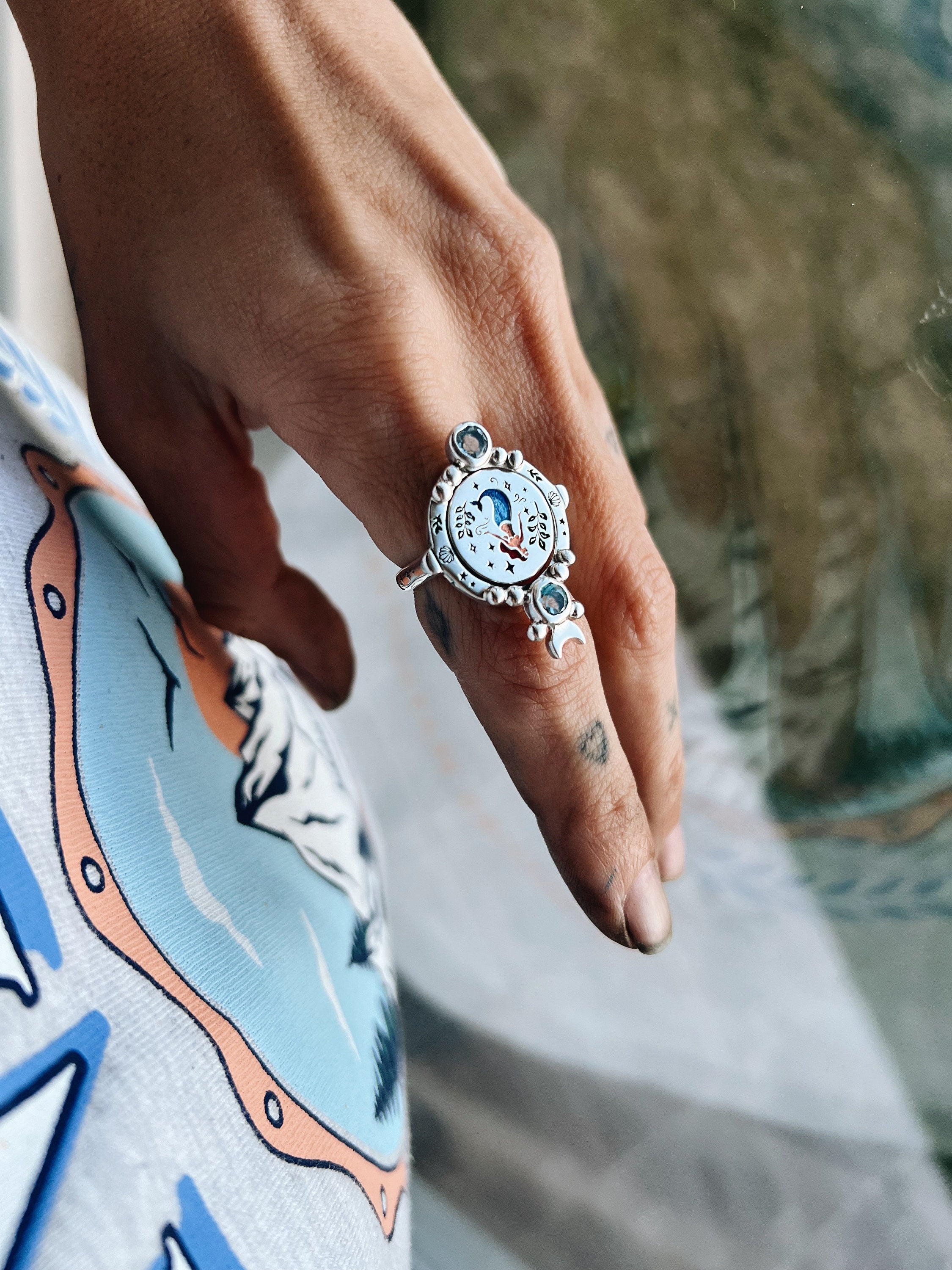 Mermaid & Moon Silver Flip Ring With Reversible Handpainting Enamel ...
