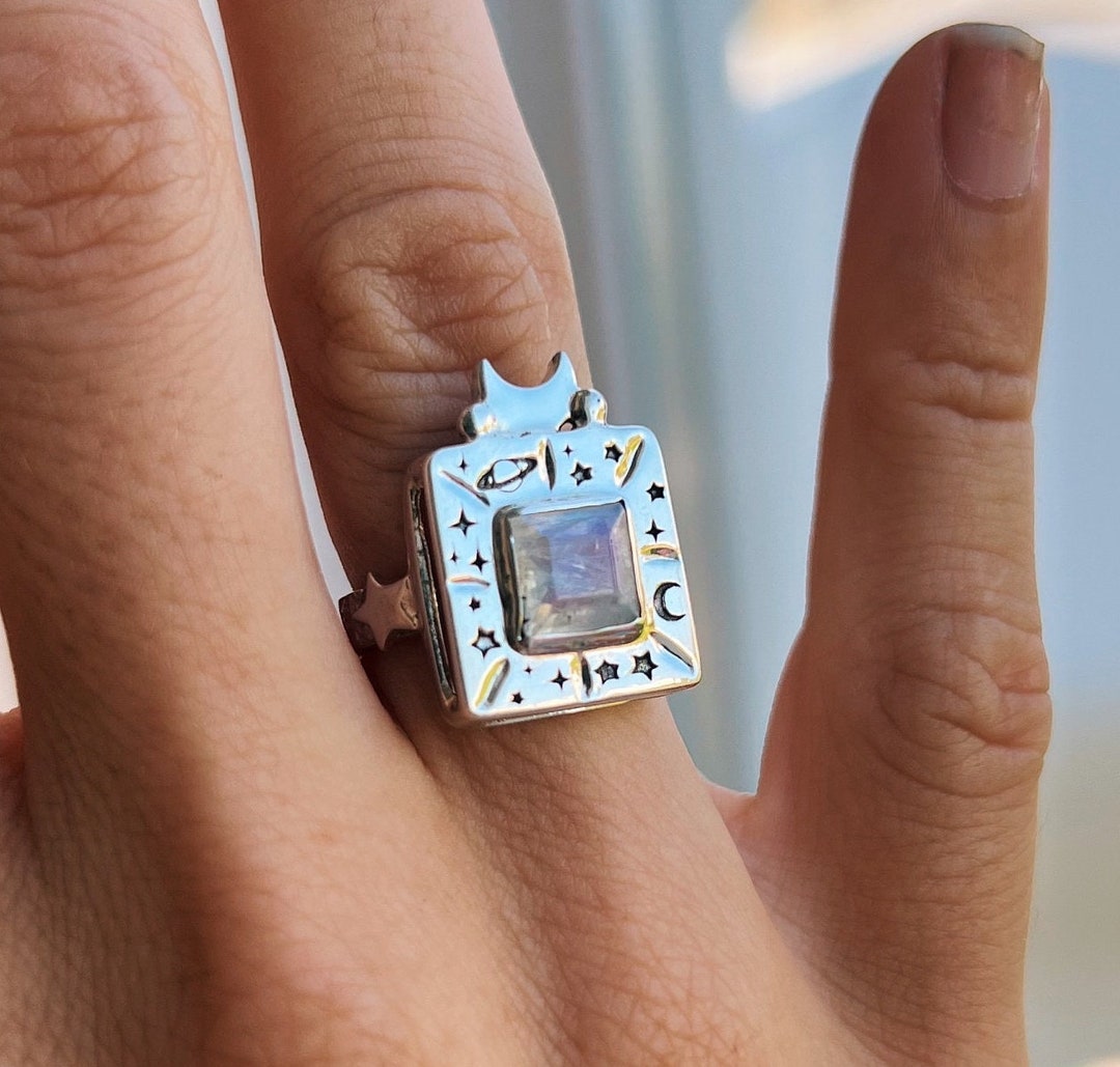 Galactic Princess Cut Moon Stone Celestial Engrave , Crescent Moon Ring ...