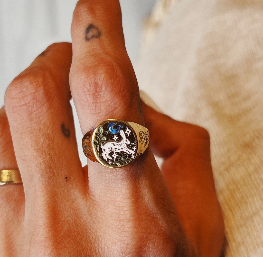 Handpainted White Rabbit Sterling Silver Signet Ring: Floral Fairy Tale ...