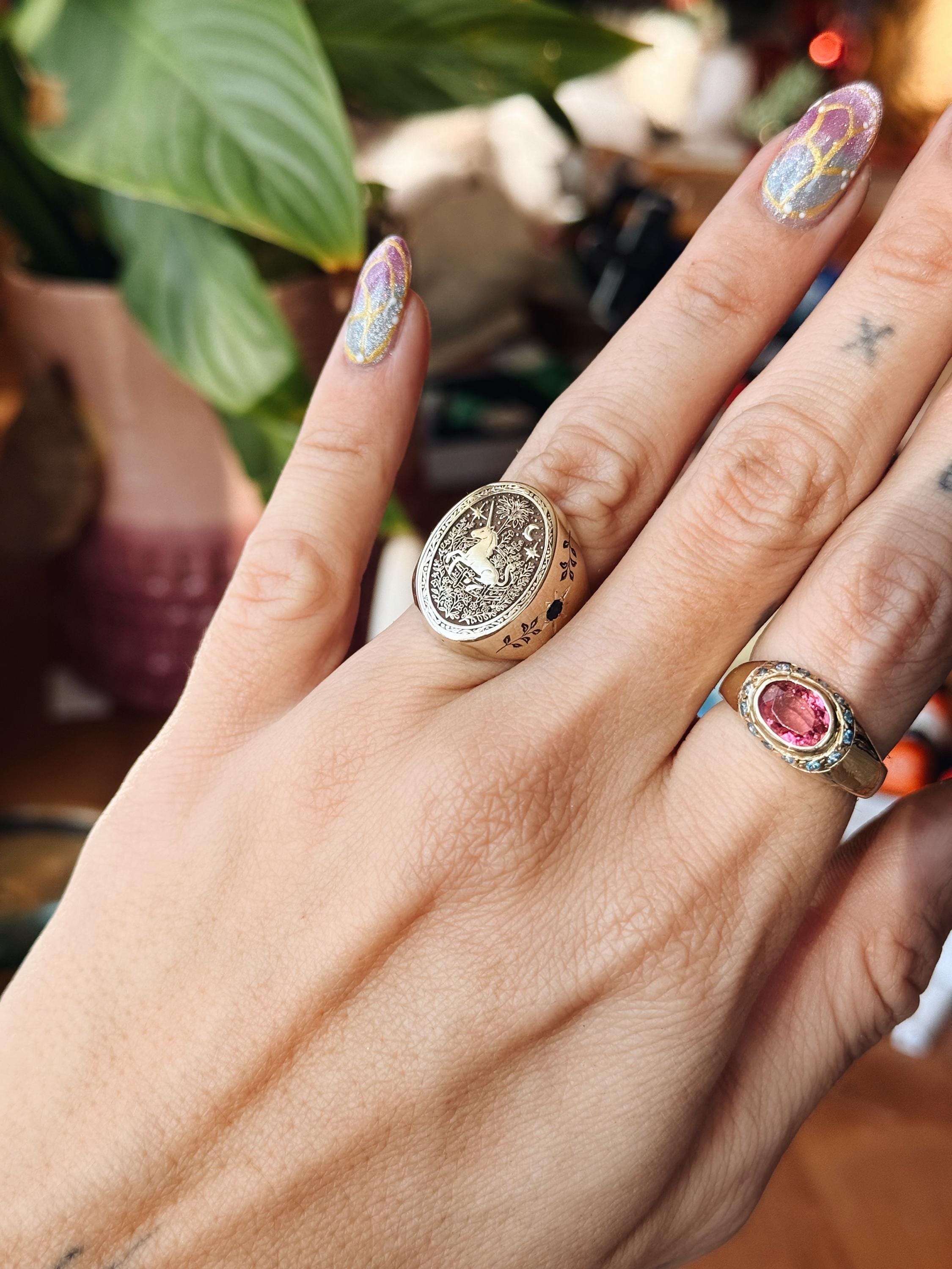 Engraved Unicorn Sterling Silver Ring – Sapphire Accents, Mythical ...
