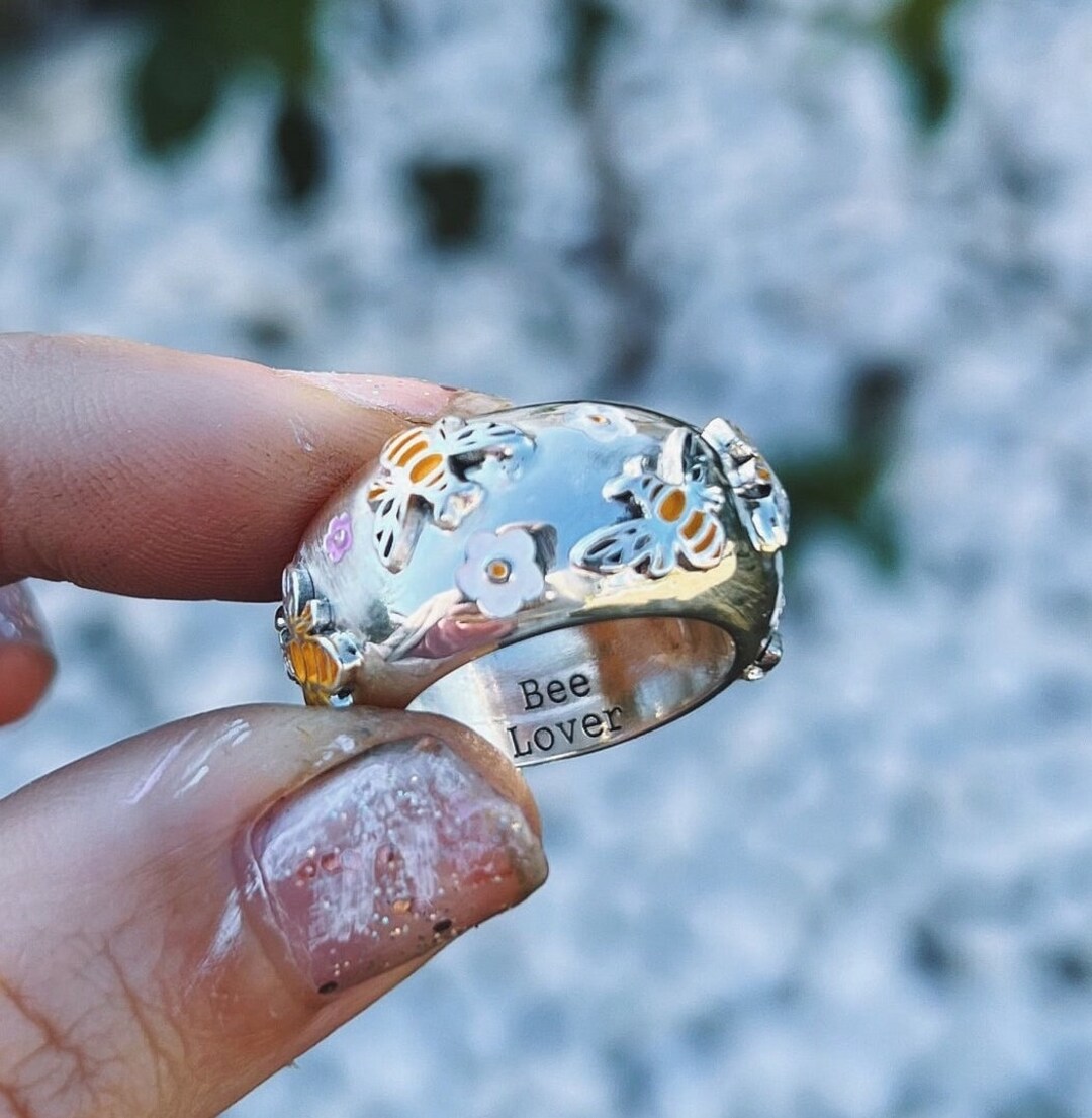 Bee Lover Ring, Hand-painted Enamel Bees & Flowers, Wide Sterling ...
