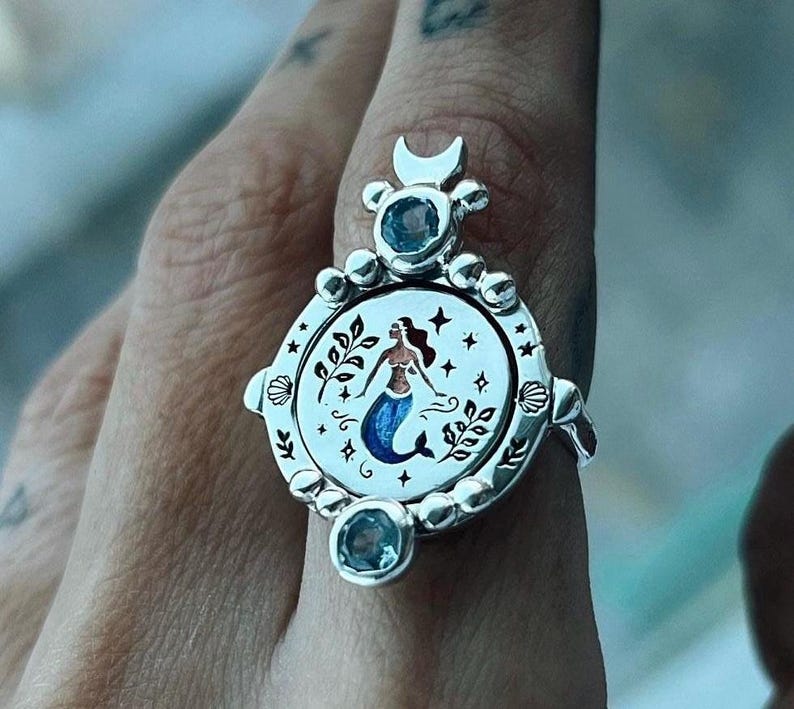 Mermaid & Moon Silver Flip Ring With Reversible Handpainting Enamel ...