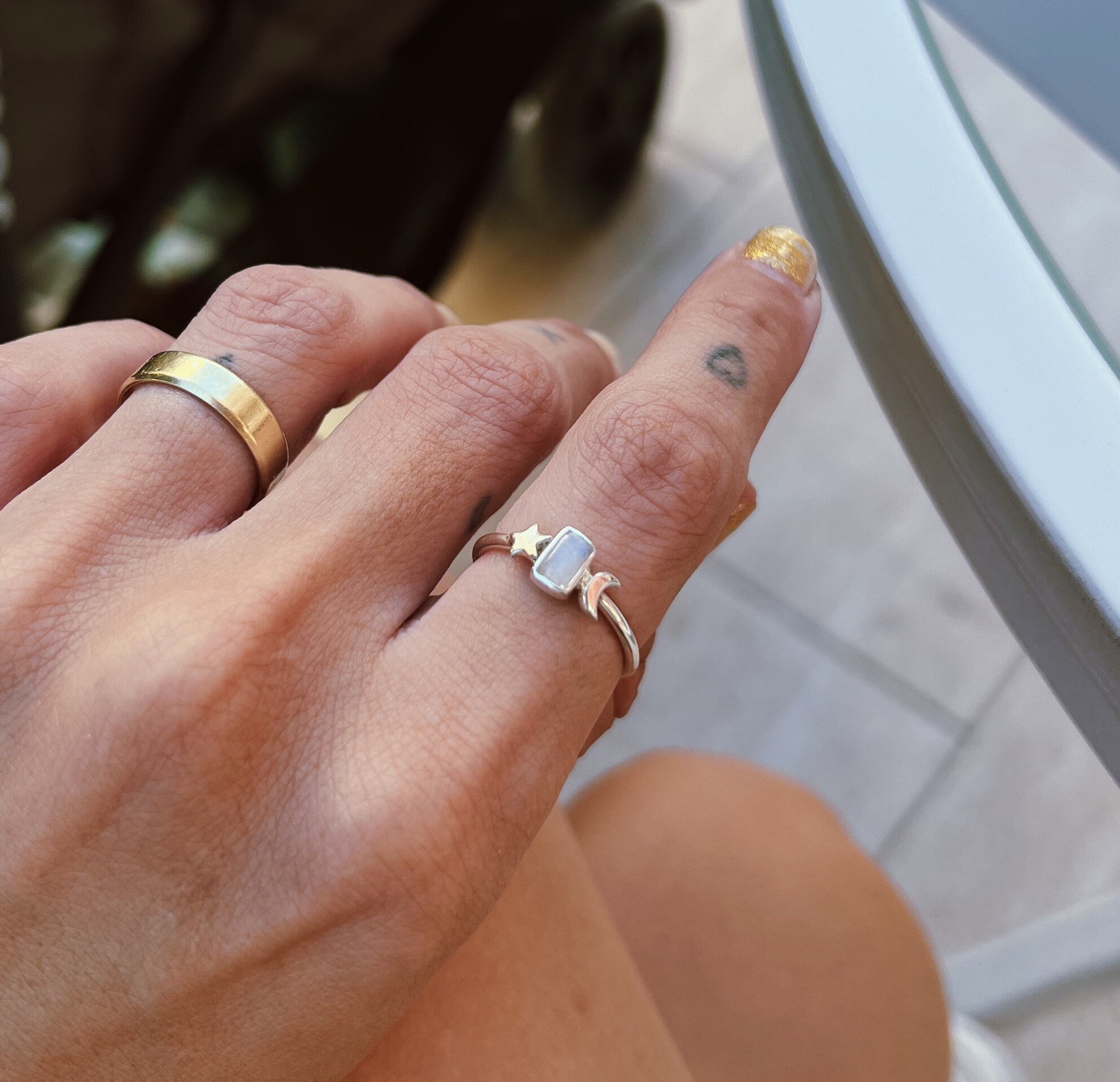 Rectangle Moon Stone With Moon and Star Silver Ring - Etsy