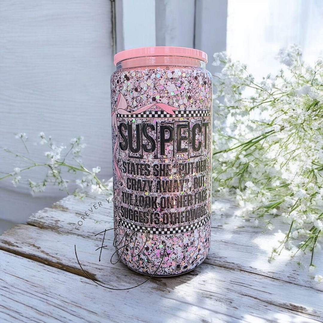 Suspect Funny Glitter Glass Can | 16oz Snow Globe Tumbler | Pink Crime ...