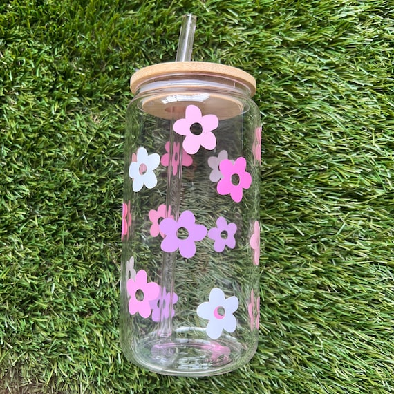 Flower Cup Iced Coffee Glass Cup Floral Glass Can Retro | Etsy