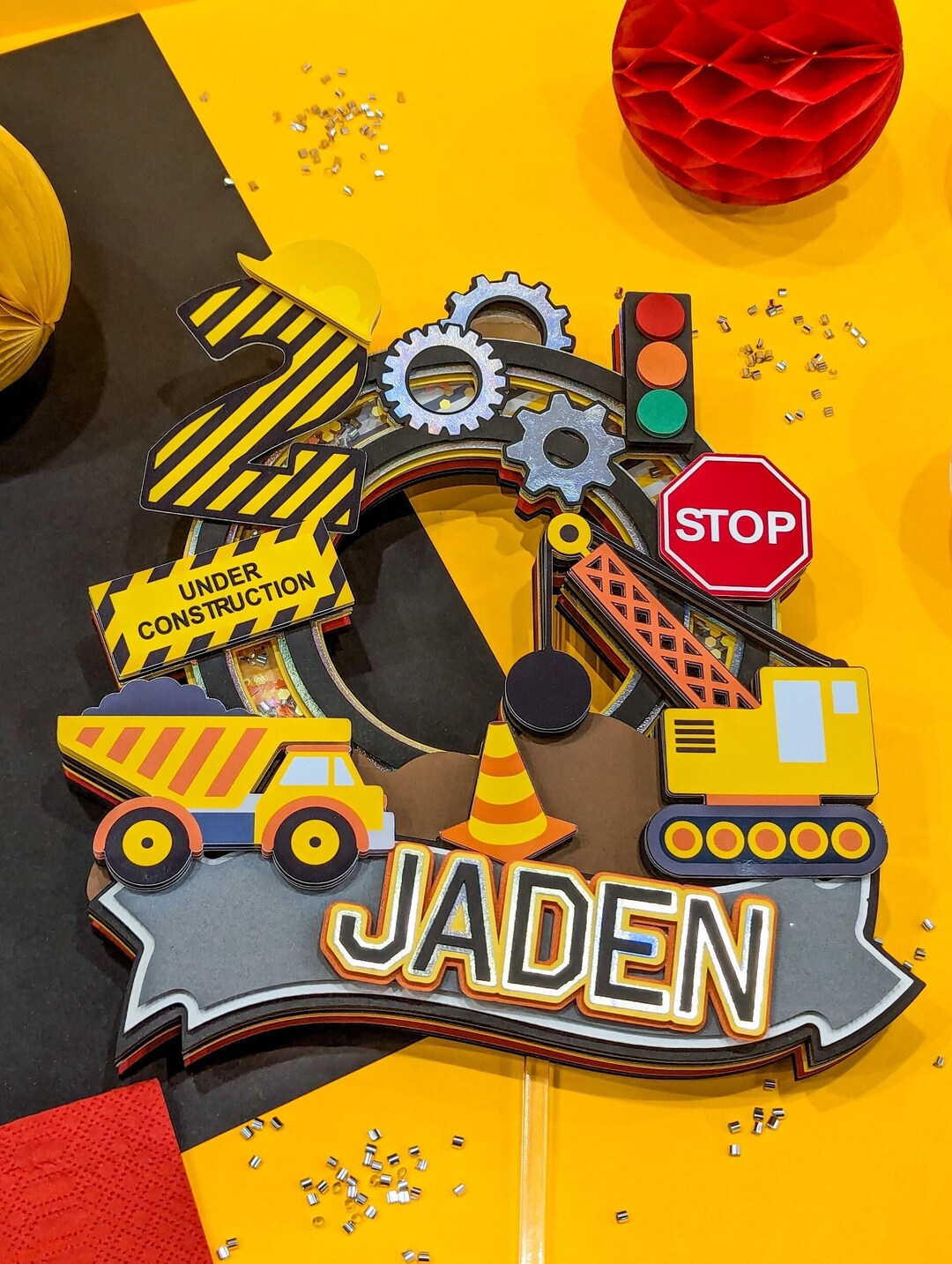 Construction Cake Topper, Crane Dump Truck Excavator Bulldozer Party ...