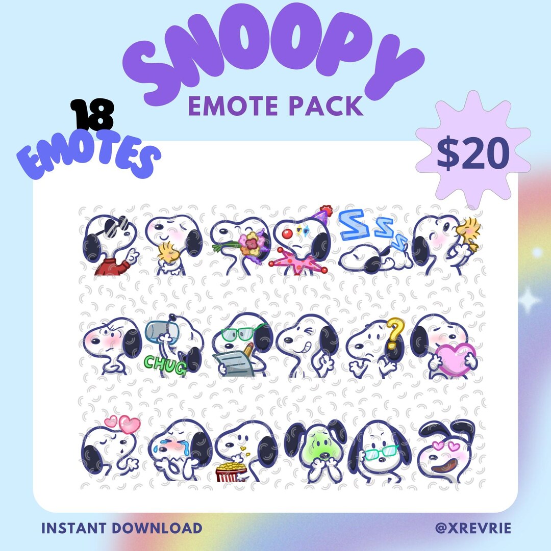 Snoopy Pack of 18 Static Emotes for Twitch, Discord, Youtube, Kick, Etc ...