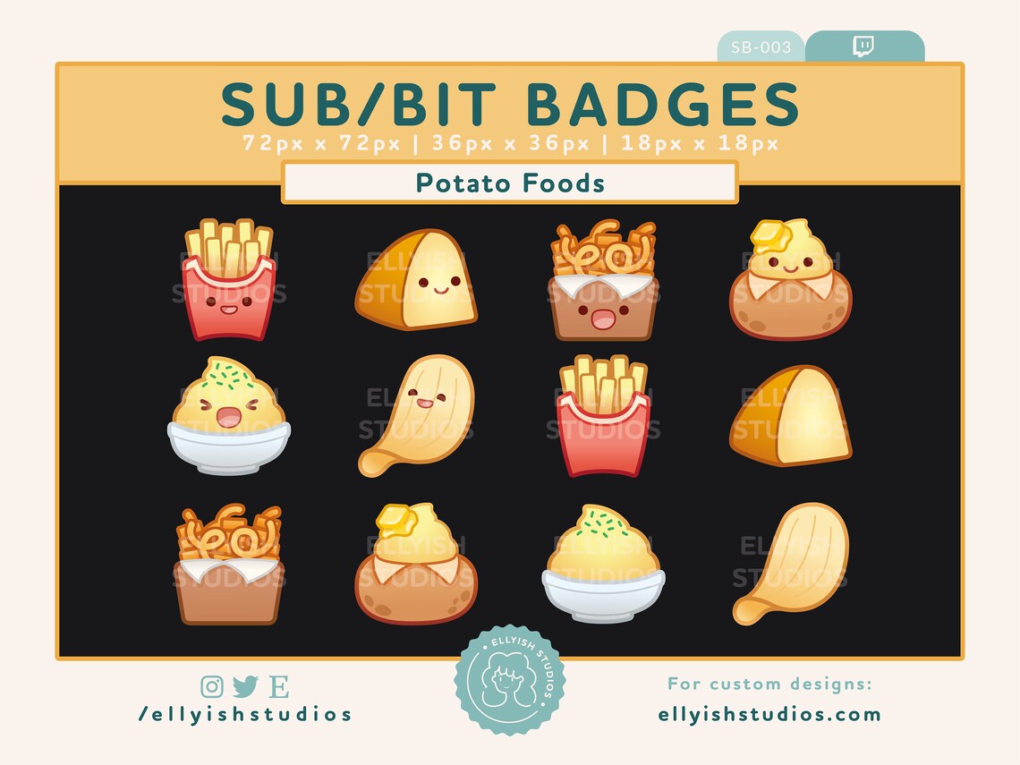 Cute Potato Food Twitch Sub Badges Set of 6 With 2 Versions | Etsy