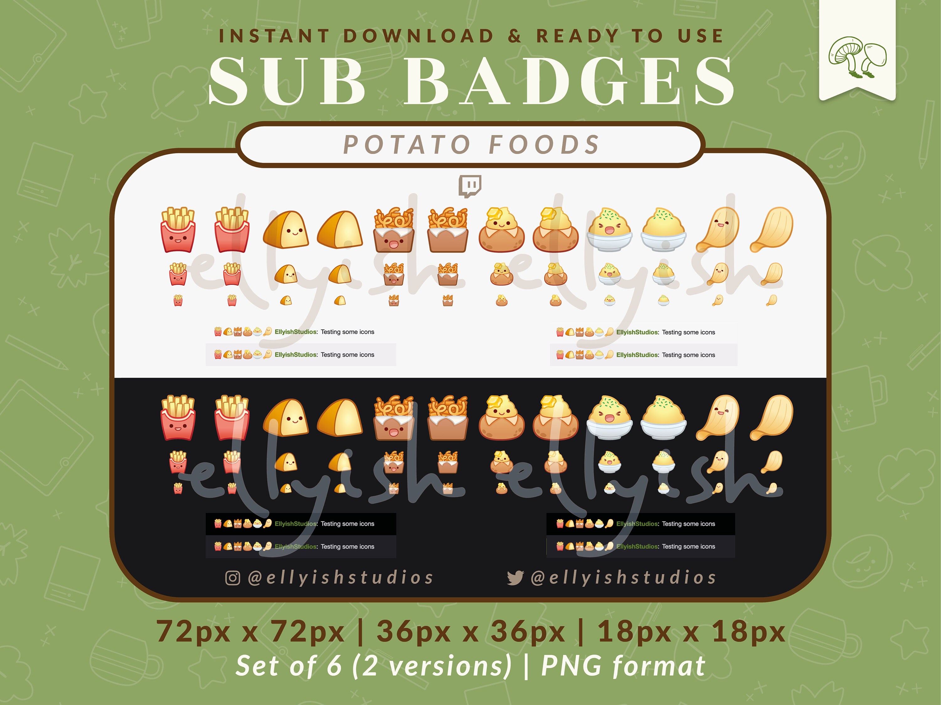 Cute Potato Food Twitch Sub Badges Set of 6 with 2 versions | Etsy