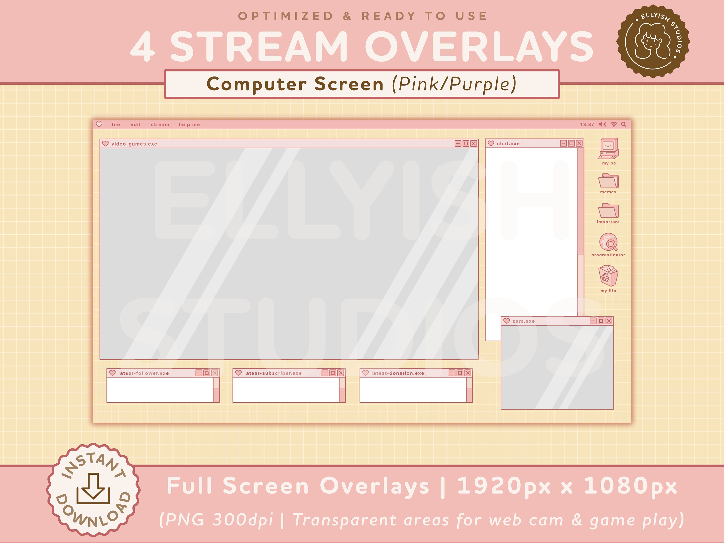 4 Twitch Stream Full Screen Overlay | Pixel Computer | Pastel Yellow ...