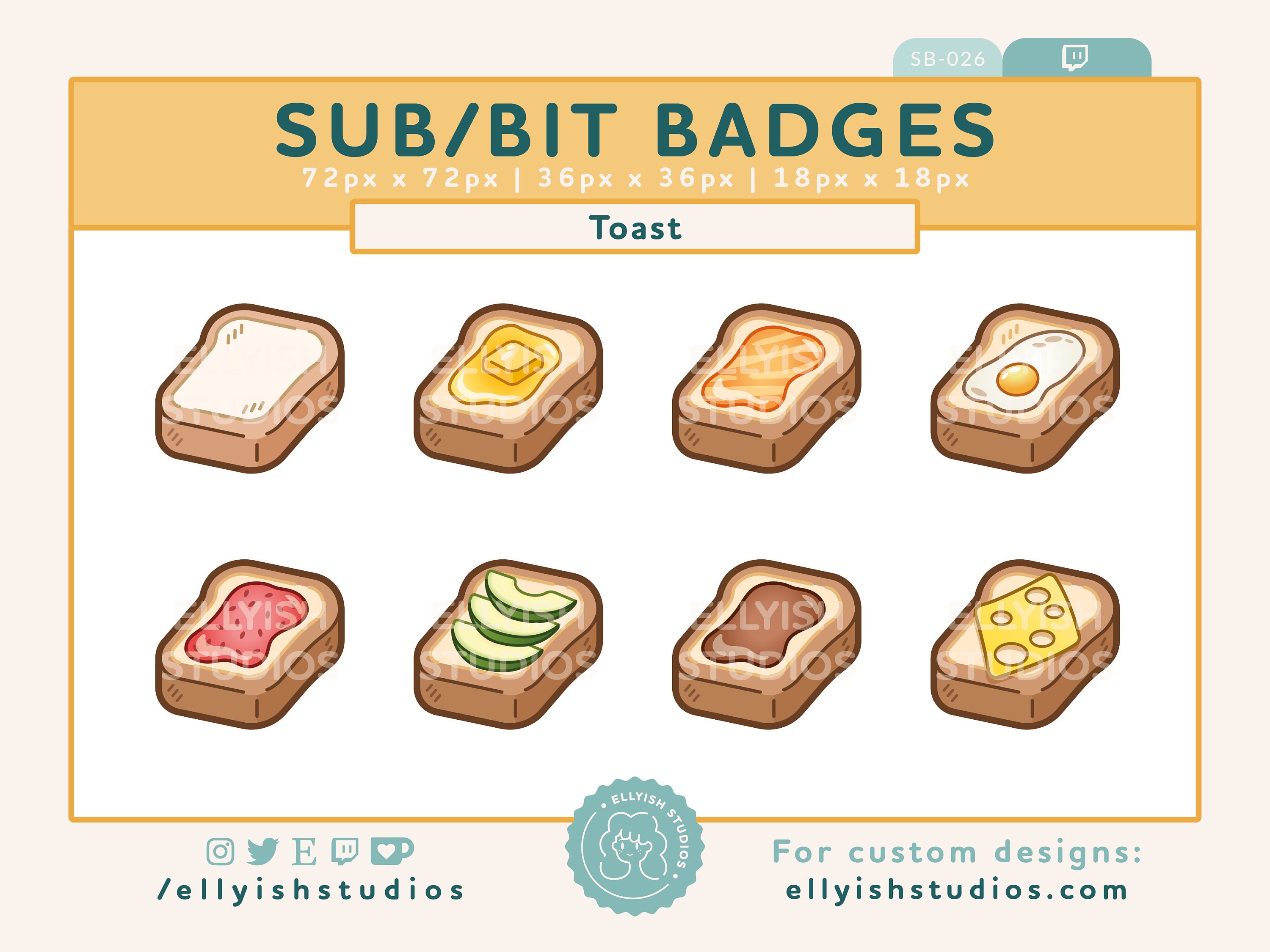 8 Toast Twitch Sub Badges | Food Bread | Cute Breakfast Egg Chocolate Cheese Jam Avocado ...