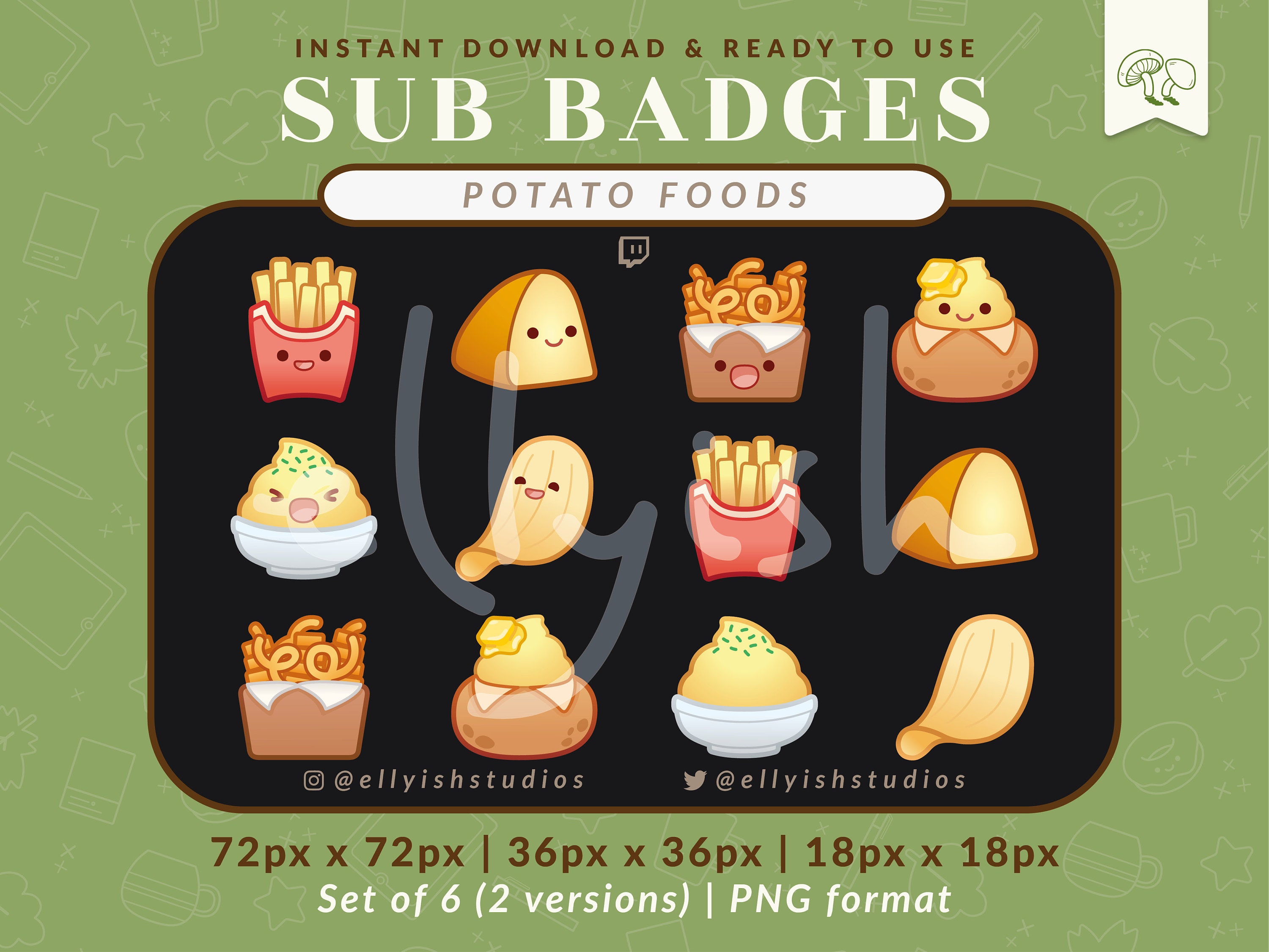 Cute Potato Food Twitch Sub Badges Set of 6 with 2 versions | Etsy