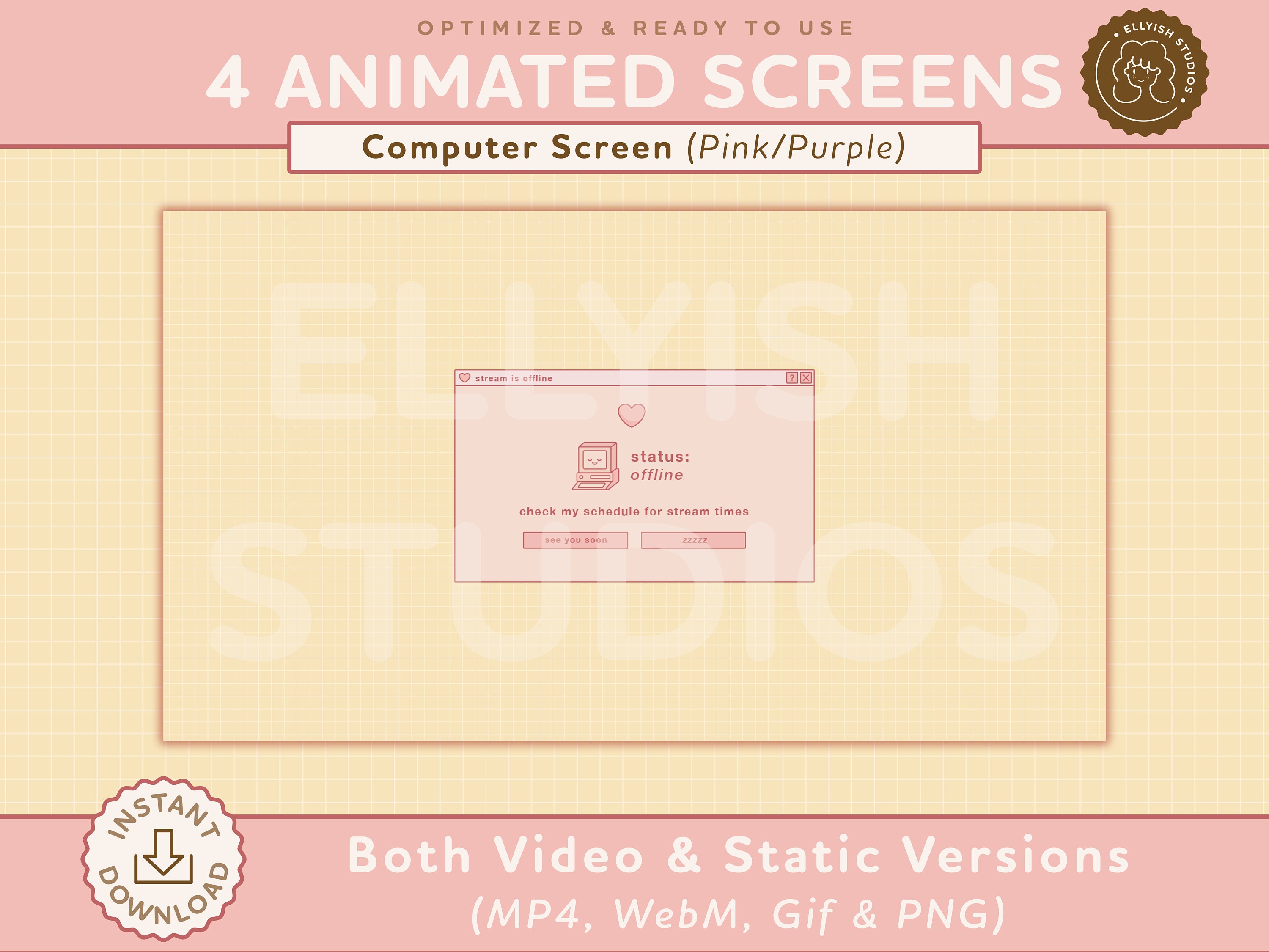 4 ANIMATED Pixel Computer Stream Screens | Pastel Yellow & Pink ...