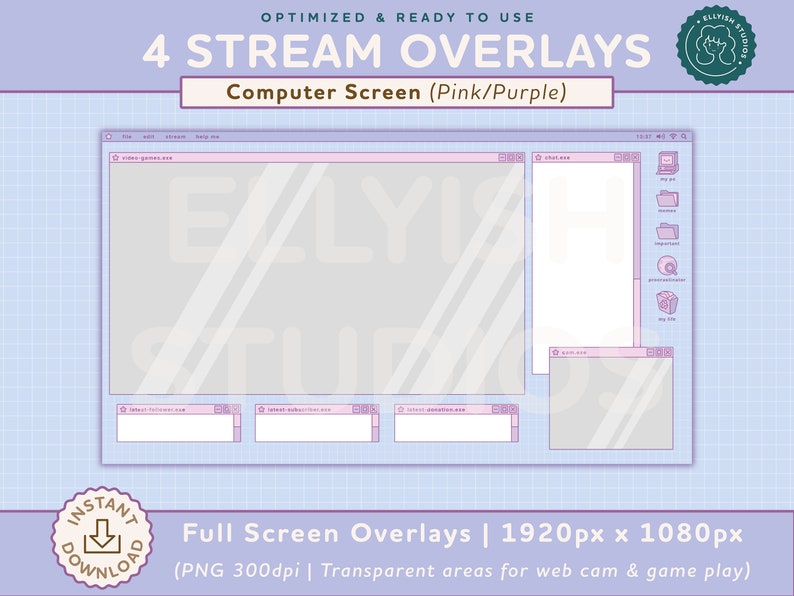 4 Twitch Stream Full Screen Overlay | Pixel Computer | Pastel Pink ...