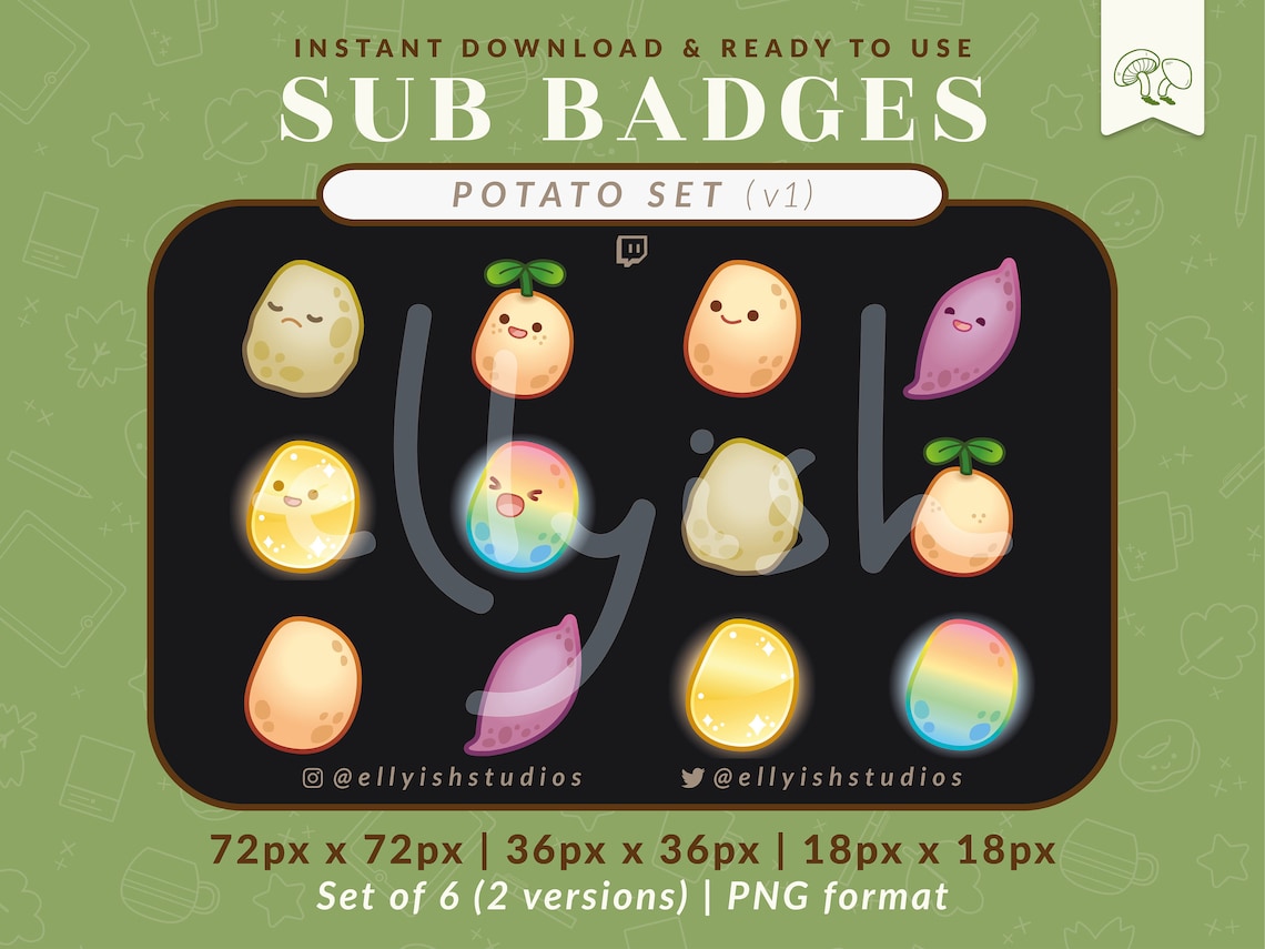 Cute Potato Twitch Sub Badges V1 Set of 6 with 2 versions | Etsy