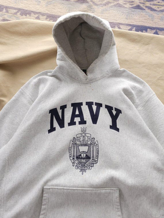 Vintage 90s USN Navy Grey Reverse Weave Hoodie Sweats… - Gem