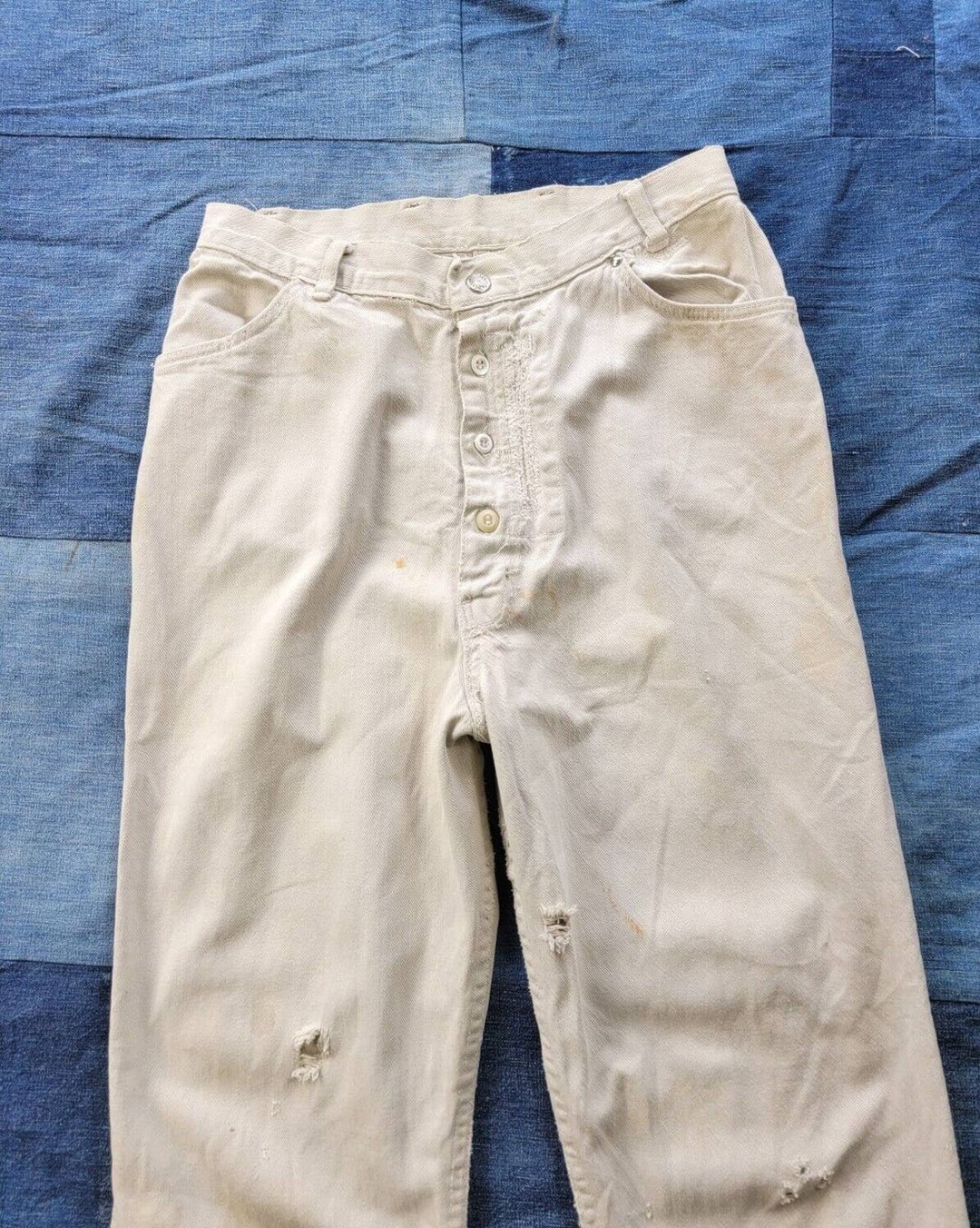 Vintage 1960s White Denim Jeans Distressed Tapered Leg Skinny Biker ...