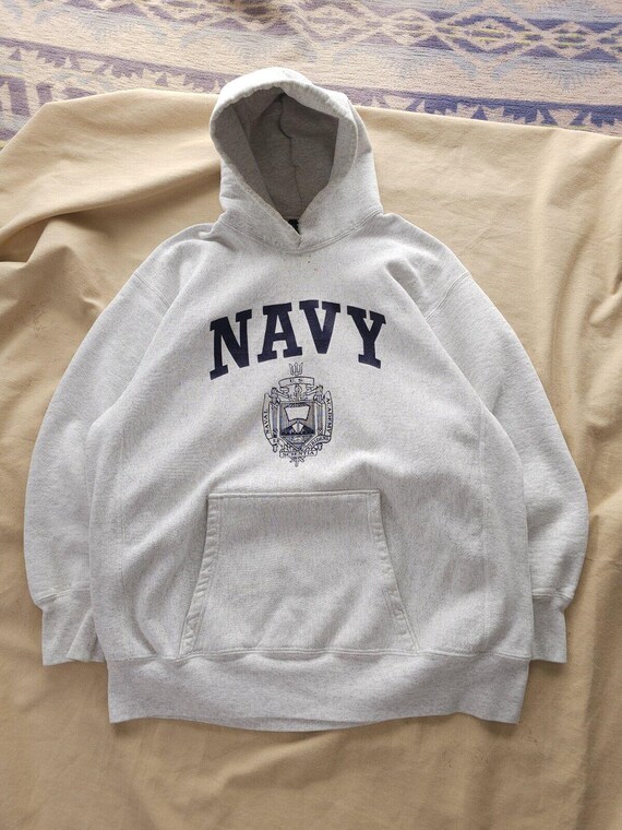 Vintage 90s USN Navy Grey Reverse Weave Hoodie Sweats… - Gem