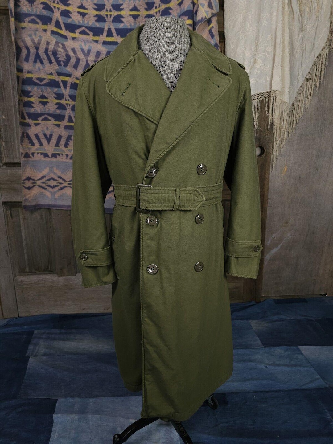 Vintage 1960s US Army OG-107 Overcoat Trench Vietnam War Era Green OD ...