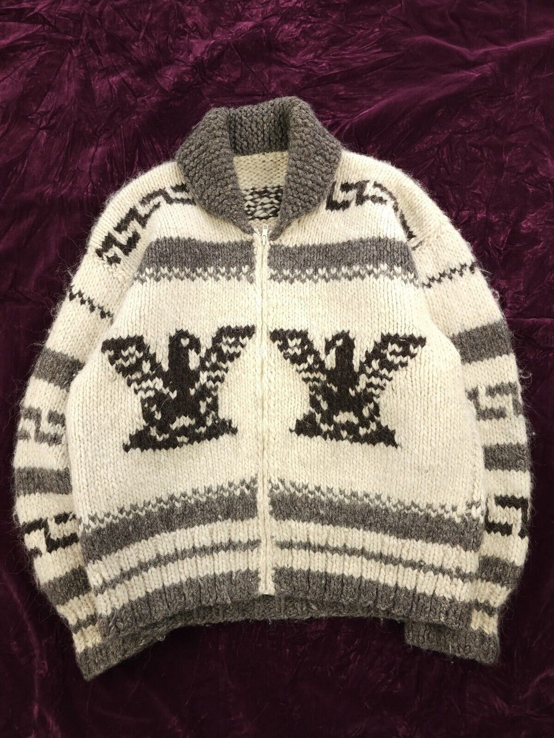 Vintage 1980s Thunderbird Cowichan Curling Sweater Cardigan Wool Full ...