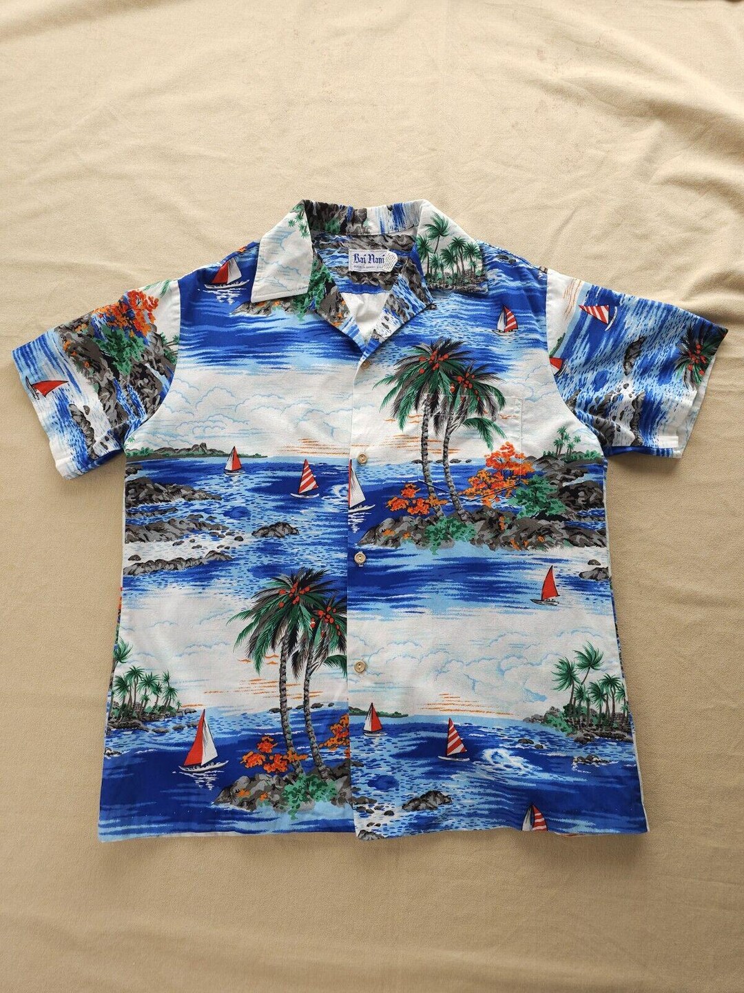 Vintage 1970s Rai Nani Hawaiian Shirt Cotton USA Made Tropical Sunset L ...