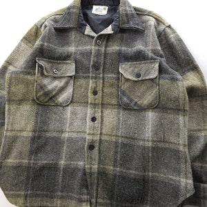 Vintage 1970s Kmart Wool CPO Shirt Heavyweight Flannel Plaid Grey Green ...