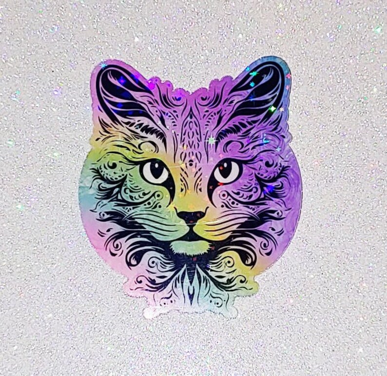 Black Cat Mandala Sticker Zentangle Sticker Holographic - Etsy