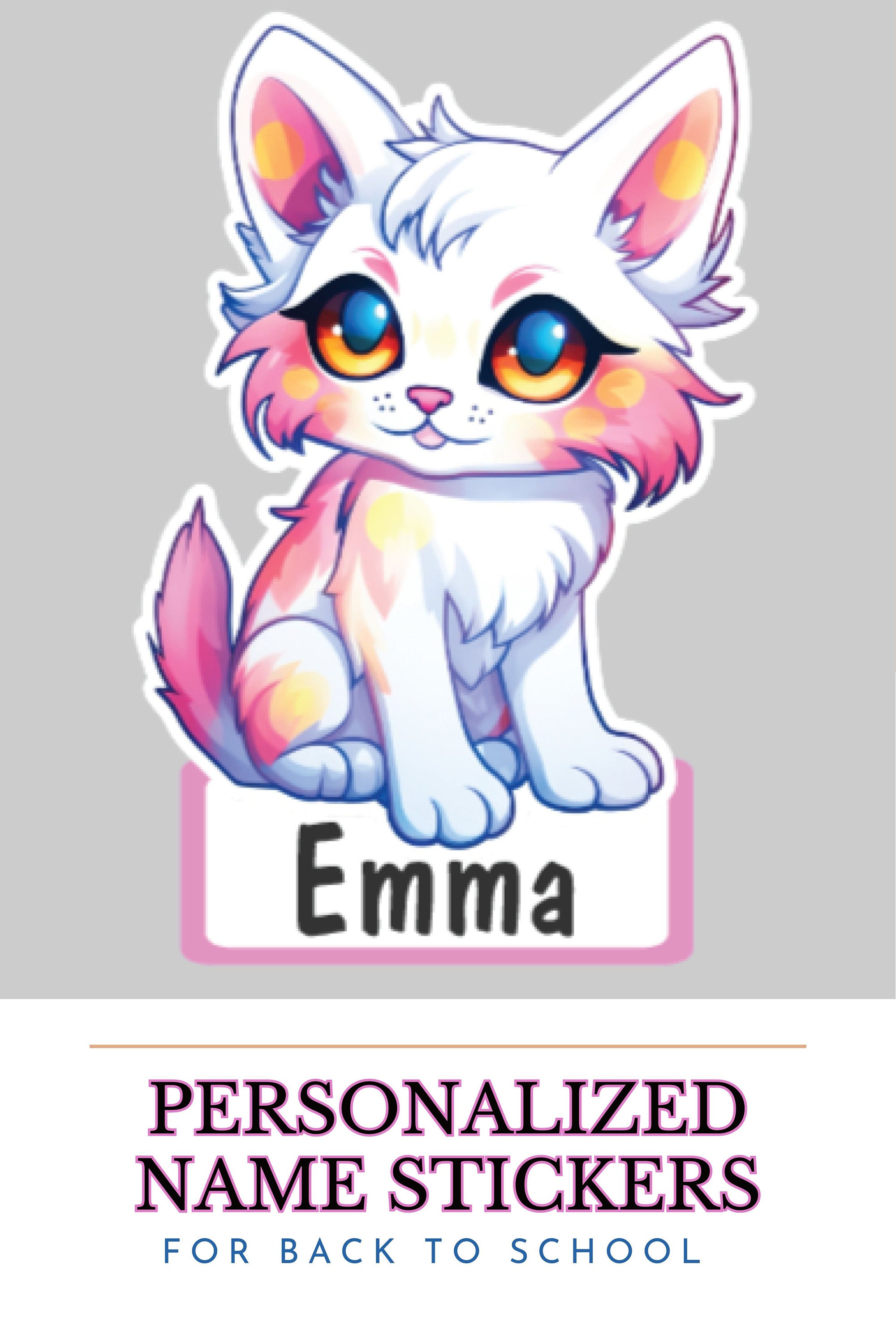 Anime Kitten Personalized Name Labels Set of 12 Name Stickers Cute ...