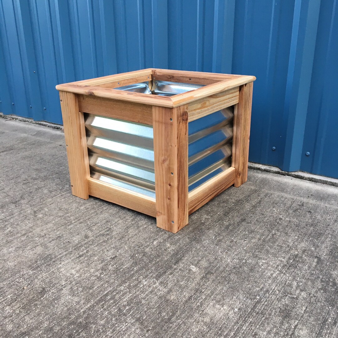Cedar & Corrugated Metal Planter Box: Square Garden Planter - Etsy