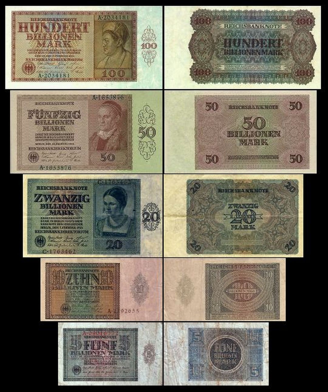 5 100 Trillion Marks 5 Reich Banknotes Feb/march 1924 1st2nd Edition ...