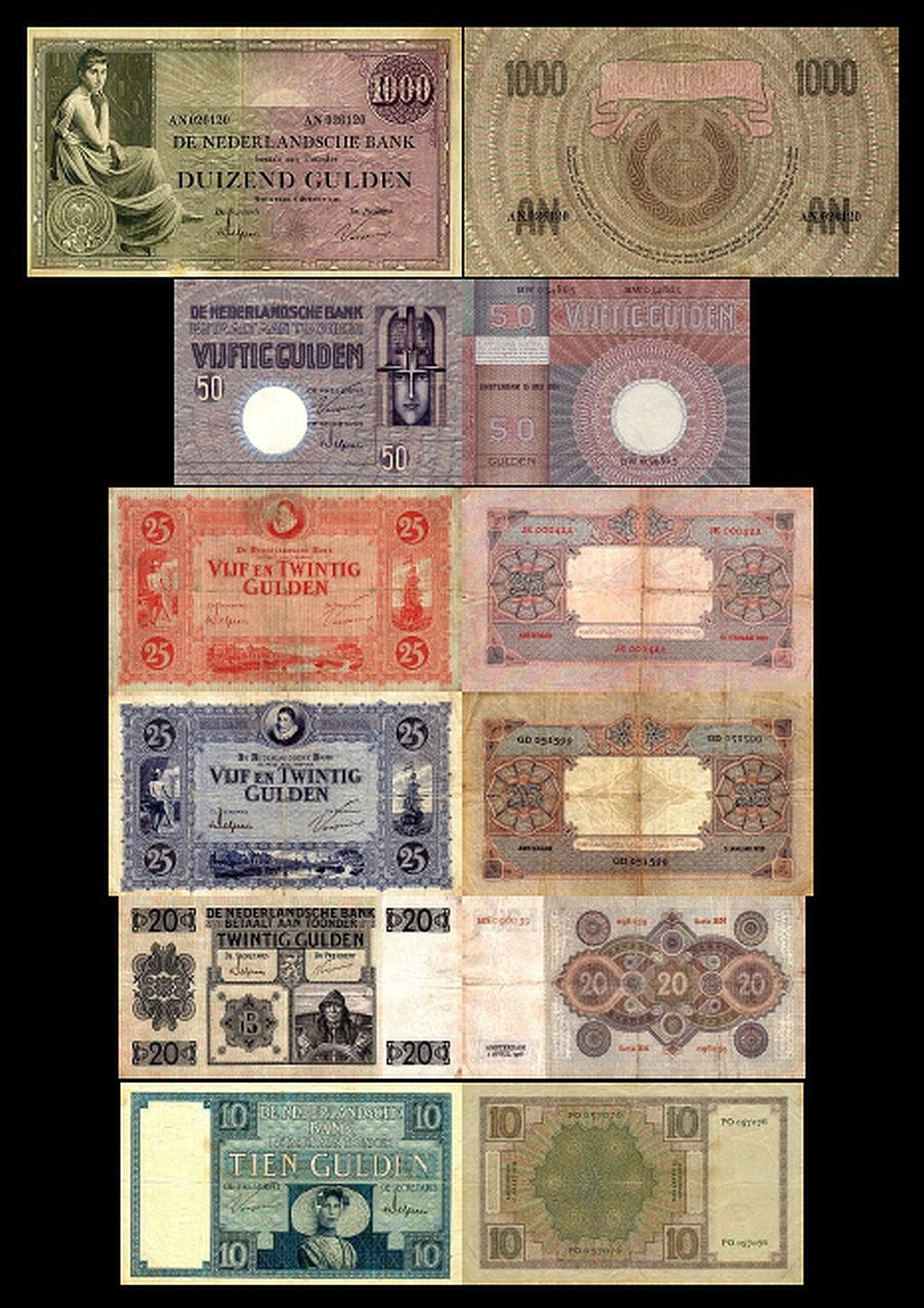 10 1000 Dutch Guilder Edition 1924-1938 6 Old Banknotes 11 Reproduction ...