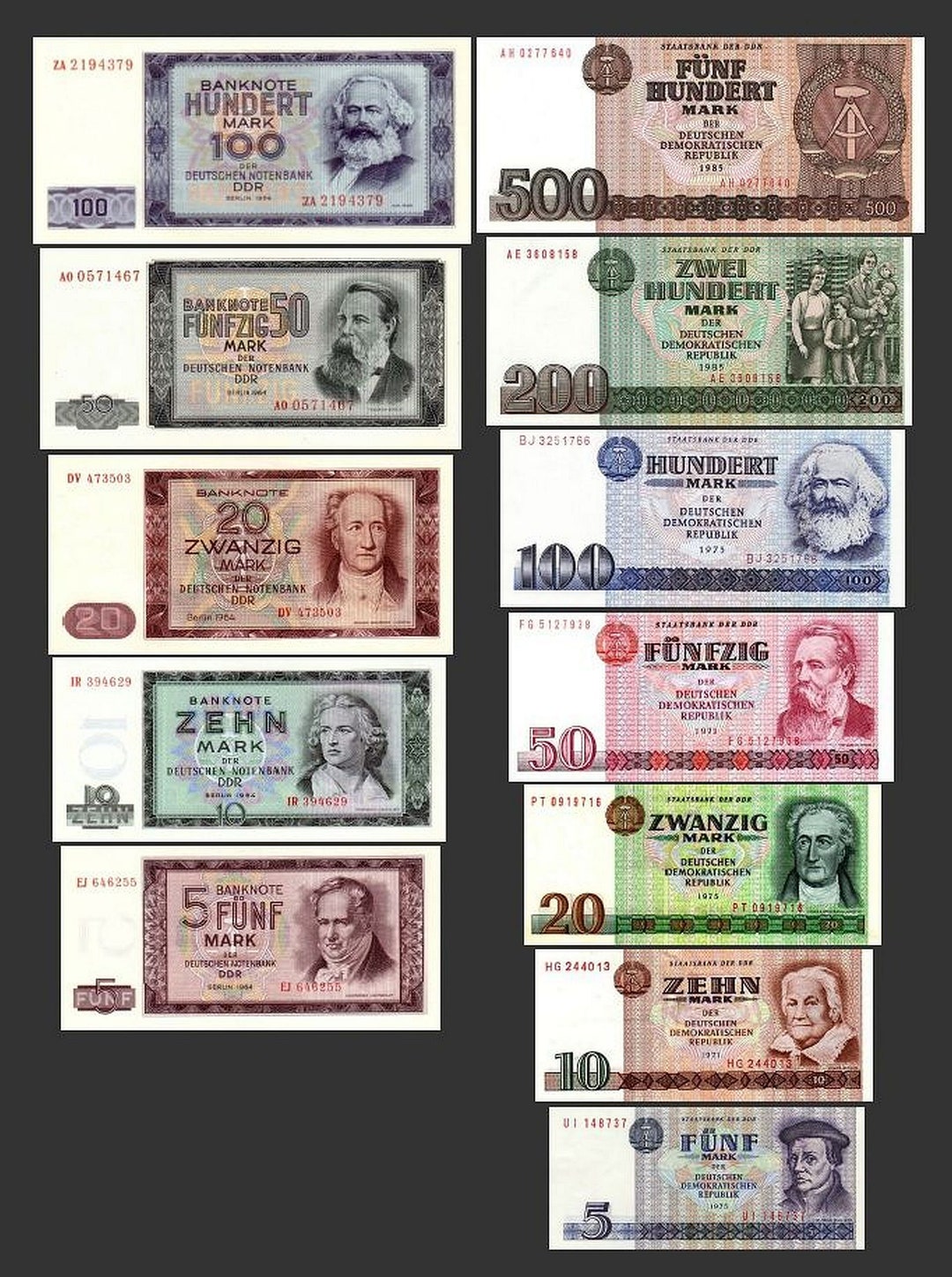 5,10,20,50,100,200,500 DDR Mark Issue 1964 1971 Old GDR Currency 2 Sets ...