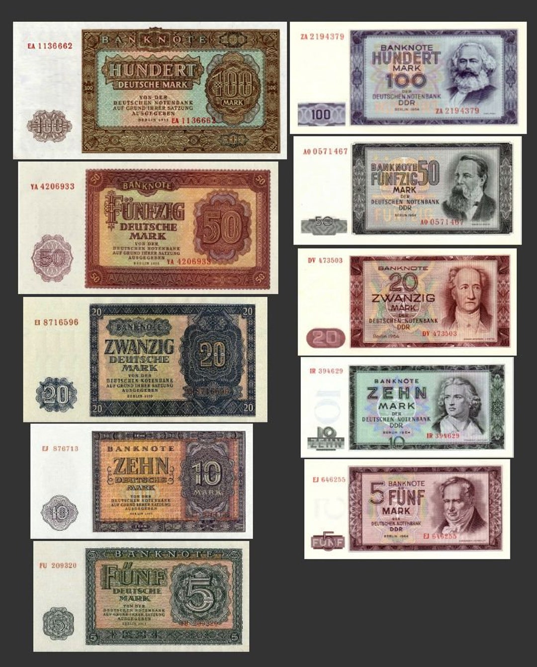 5,10,20,50,100 DDR Mark Issue 1955 1964 Old GDR Currency 2 Sets ...