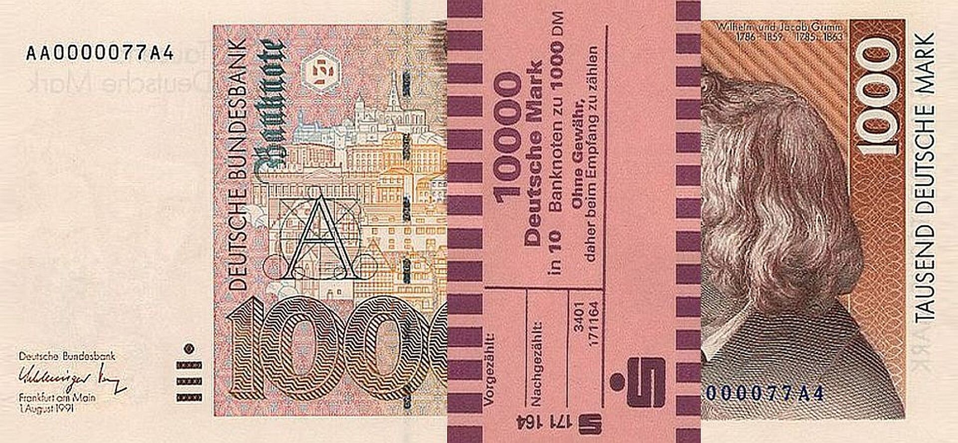 10 X 1000 DM, German Mark, Banknotes 1991, With Banderole Reproduction ...