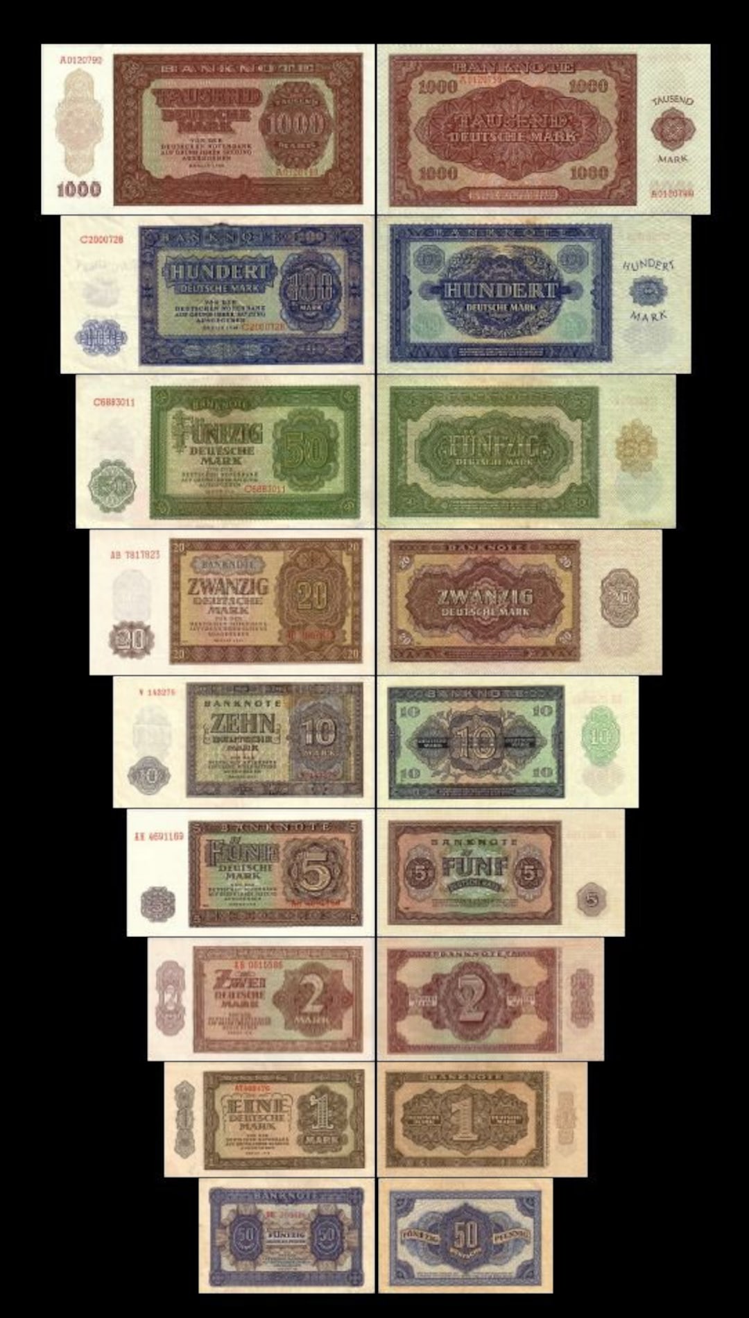 0.5 1000 Mark German Mark 1948 Old GDR Currency 9 Banknotes ...